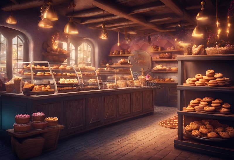 An Animated Graphic of a Bakery Interior with a Variety of Donuts and ...