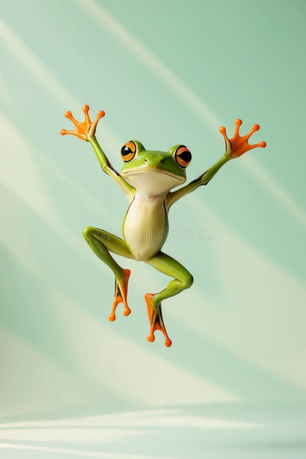 Animated Green Frog in Mid Jump on a Pastel Green Background with Copy ...