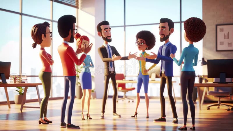 Animated Group of Business People Professionals Collaborating in Modern ...