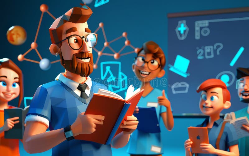 Animated Group of Cheerful Teachers and Students in a Classroom Setting ...