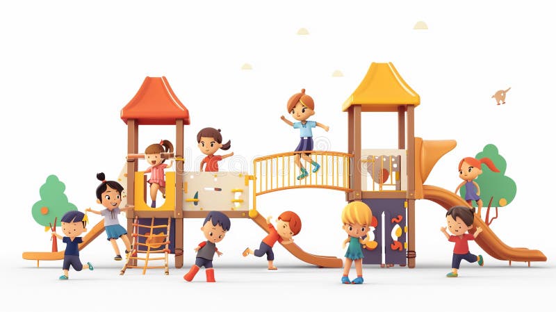 Animated Group of Children Playing on a Playground, Pure White ...