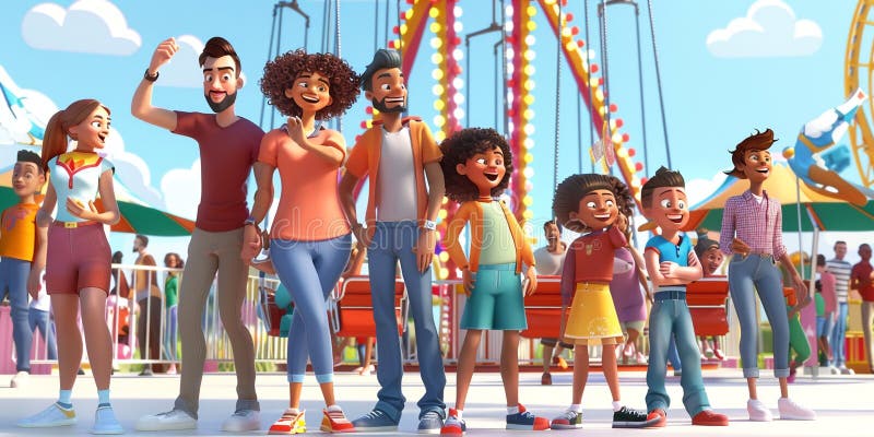 Animated Group of Friends at an Amusement Park, Pure White Background ...