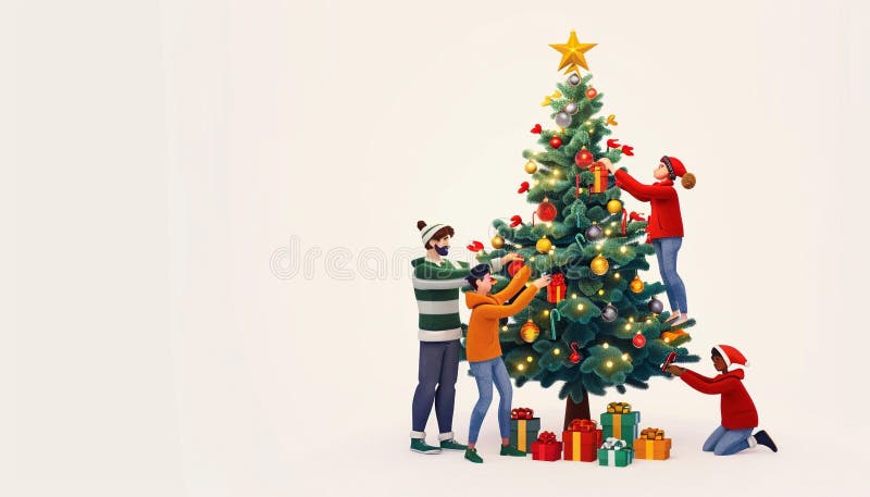 Animated Group of Friends Decorating a Christmas Tree, Pure White ...
