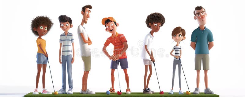 Animated Group of Friends Playing Mini-golf, Pure White Background ...