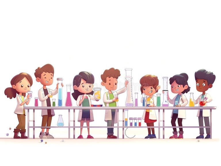 Animated Group of Kids in a Science Lab Doing Experiments, Pure White ...