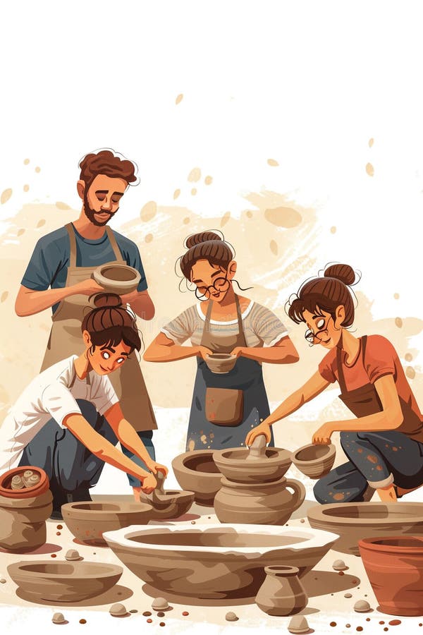 Animated Group of People in a Pottery Class Creating Ceramics, Pure ...