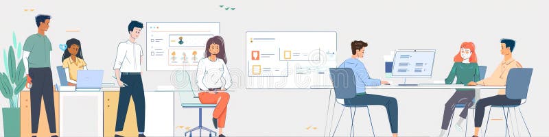 Animated Group of Workers in an Office Collaborating on a Project, Pure ...