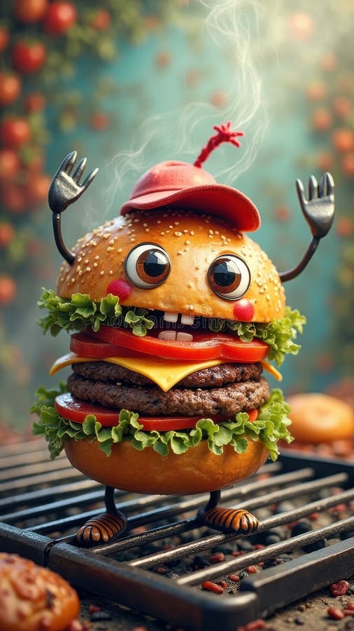 Animated Happy Cheeseburger Character on Grill with Lettuce and Tomato ...