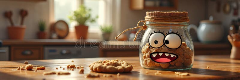 Animated Happy Cookie Jar in Sunlit Kitchen with Crumbs and Cookies Stock Illustration ...