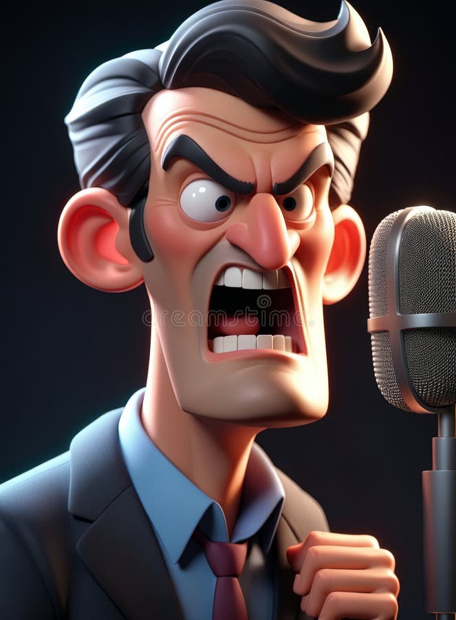Animated Host with Microphone Expressing Anger in Professional Suit ...