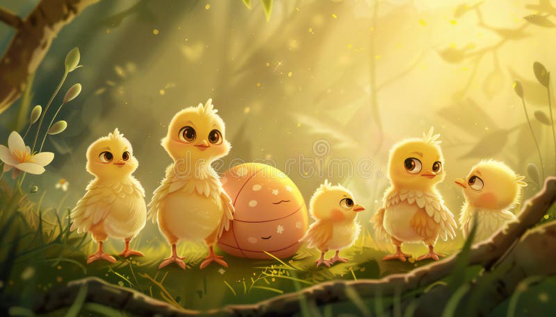 Animated Illustration with Cute Chicks and Easter Eggs Stock ...