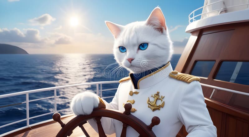 Cartoon Captain Cat at Ship S Helm with Sea and Blue Sky in Background ...