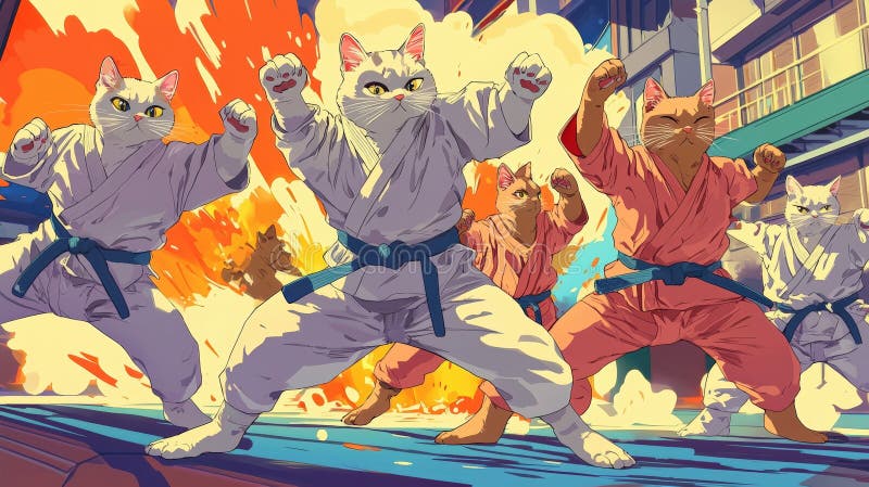 Karate Cat Squad Practicing in an Explosive Setting Stock Image - Image ...