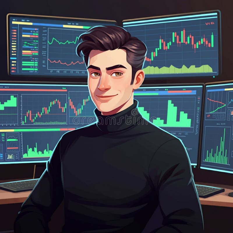 Animated Illustration of a Man in a Black Turtleneck with Dark Hair ...