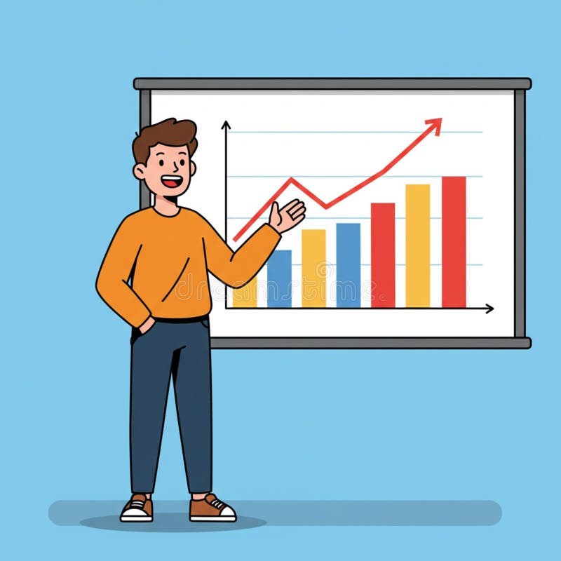 Animated Illustration of a Man Presenting a Bar and Line Chart on a ...