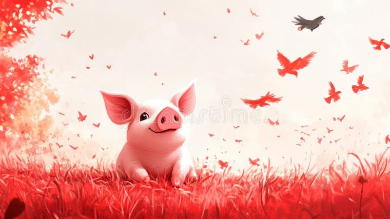 Animated Illustration of a Piglet in the Red Grass with Falling Leaves ...