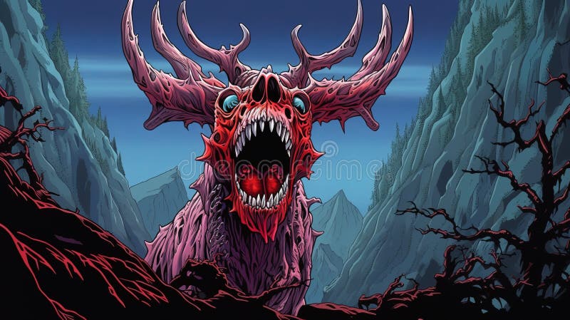 Intense Red Monster Emerging from Mountains: Detailed Comic Book Art ...