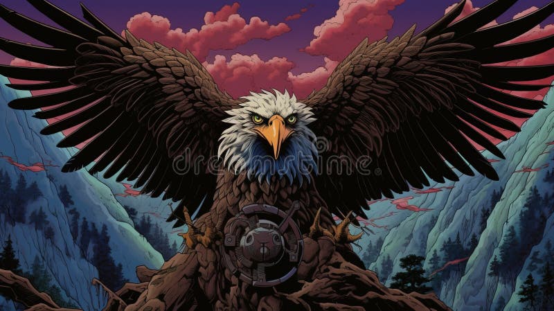 Detailed Comic Book Art: Eagle Standing on Rock Surrounded by Mountains ...