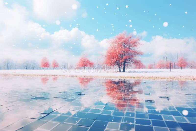 An Animated Image of a Snowy Landscape with Trees and Water Stock ...