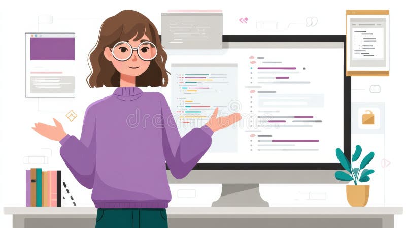 Engaging Teacher Avatar Leading an Interactive Coding Tutorial in a Digital Workspace Filled ...