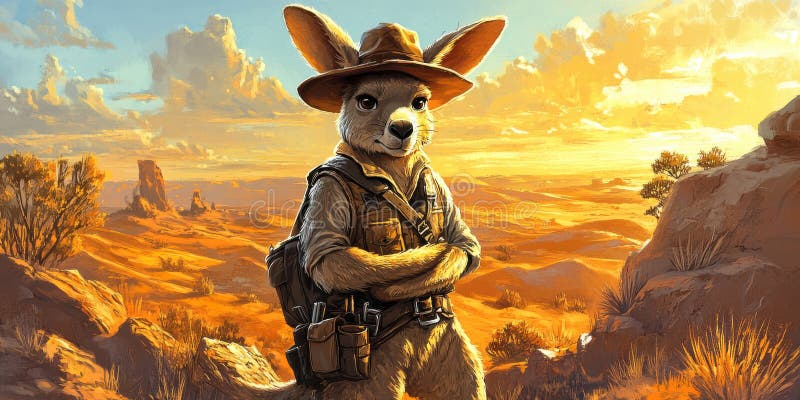 Animated Kangaroo Explorer in Vast Desert Adventure Illustration with ...