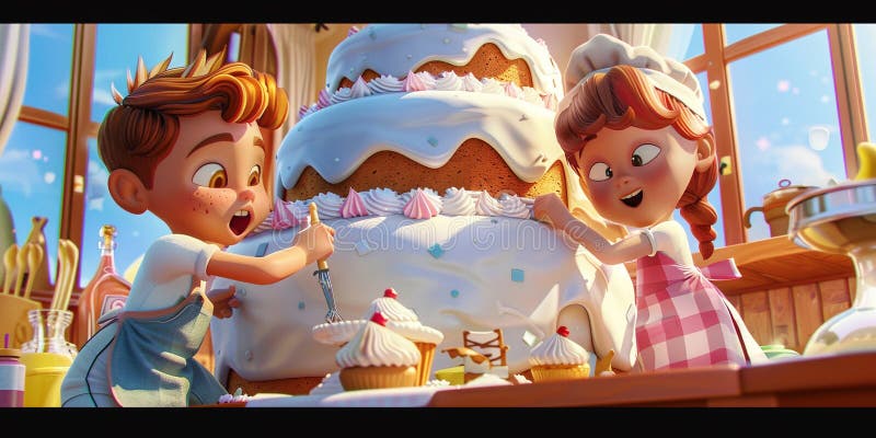 Animated Kids As Bakers Decorating a Giant Cake with Icing Stock ...