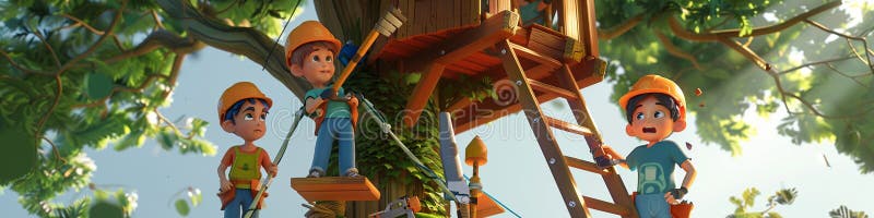 Animated Kids As Builders Constructing a Treehouse Stock Illustration ...