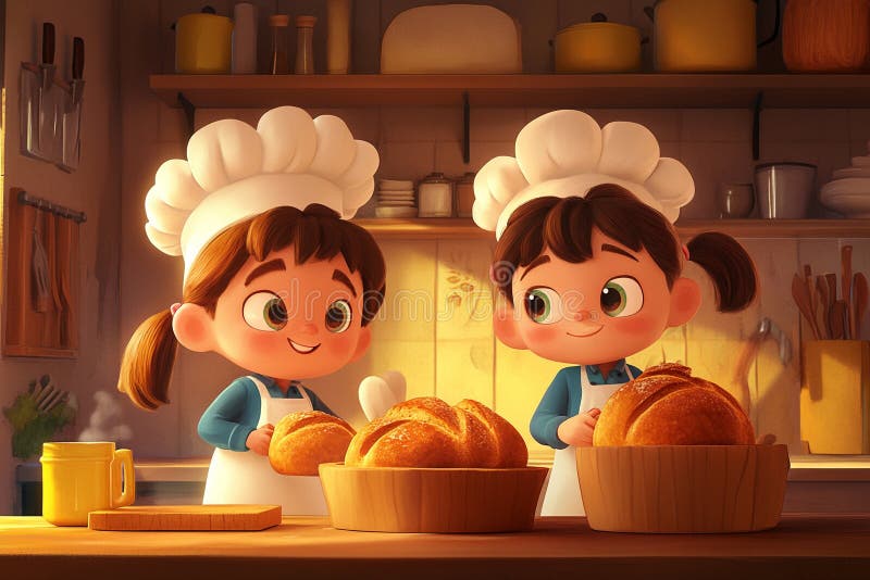 Animated Kids As Chefs Baking Bread in a Cozy Kitchen Stock ...