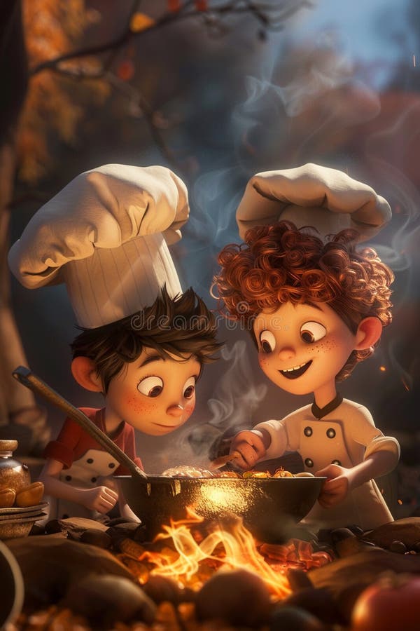 Animated Kids As Chefs Cooking a Meal Over an Open Fire Stock ...