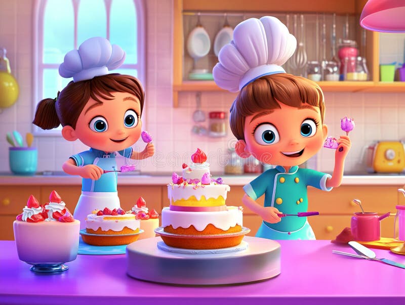 Animated Kids As Chefs Decorating Cakes in a Vibrant Kitchen Stock ...