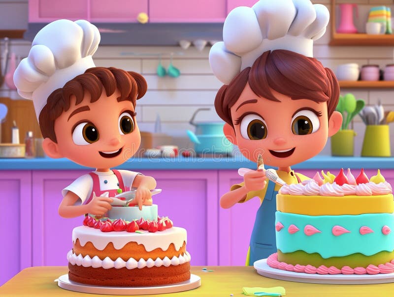 Animated Kids As Chefs Decorating Cakes in a Vibrant Kitchen Stock ...