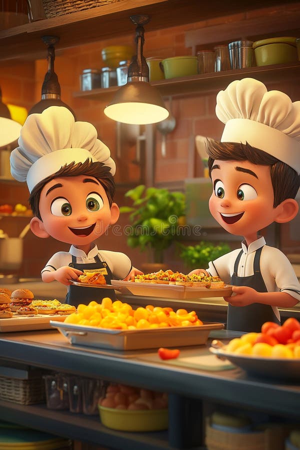 Animated Kids As Chefs Preparing a Buffet in a Lively Kitchen Stock ...
