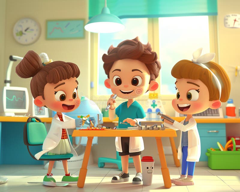 Animated Kids As Doctors Using Fun Medical Tools in a Clinic Stock ...