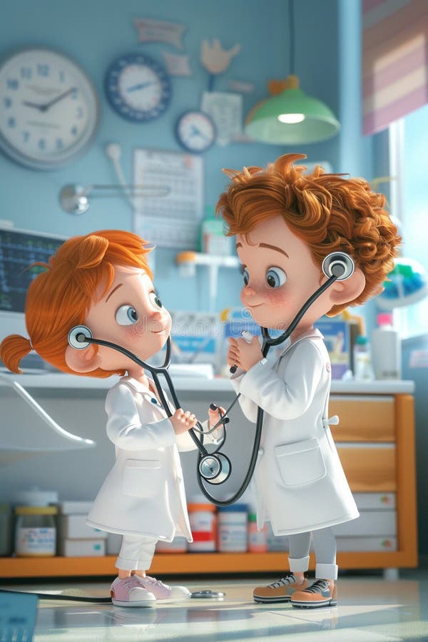 Animated Kids As Doctors Using Stethoscopes in a Clinic Stock ...