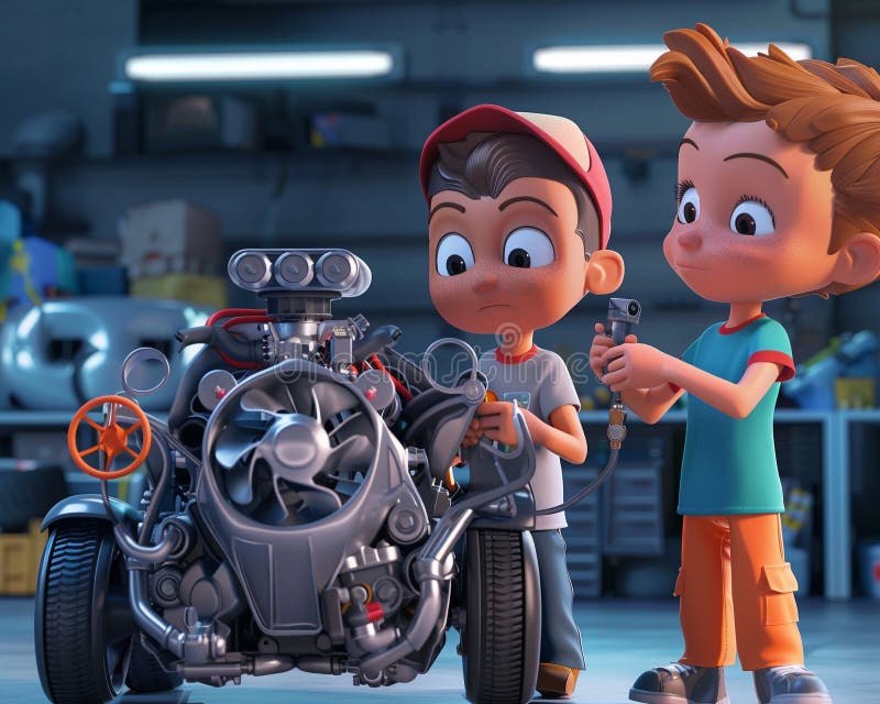 Animated Kids As Engineers Fixing a Toy Car Engine Stock Illustration ...