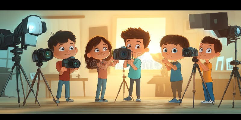 Animated Kids As Filmmakers Setting Up Cameras Stock Illustration ...