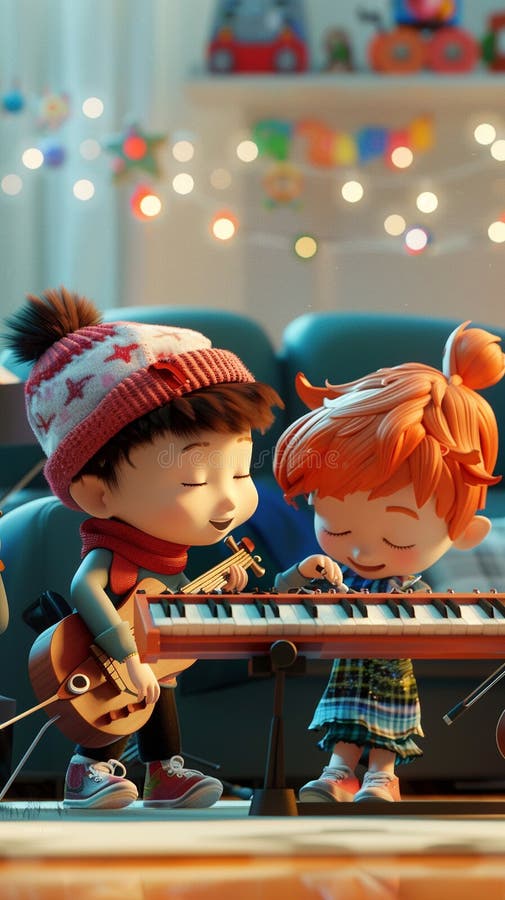 Animated Kids As Musicians Composing Music on Instruments Stock ...