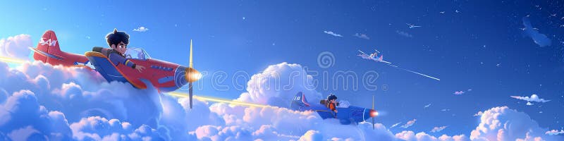 Animated Kids As Pilots Soaring through the Clouds Stock Illustration ...