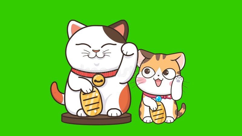 Animated Kitten and Maneki-neko on Green Screen - Symbols of Wealth and ...