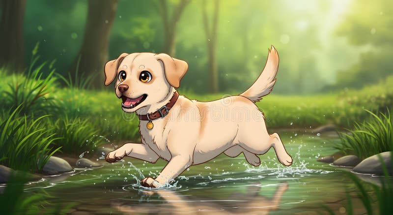Animated Labrador Joyfully Splashing through Stream Amidst a Lush ...