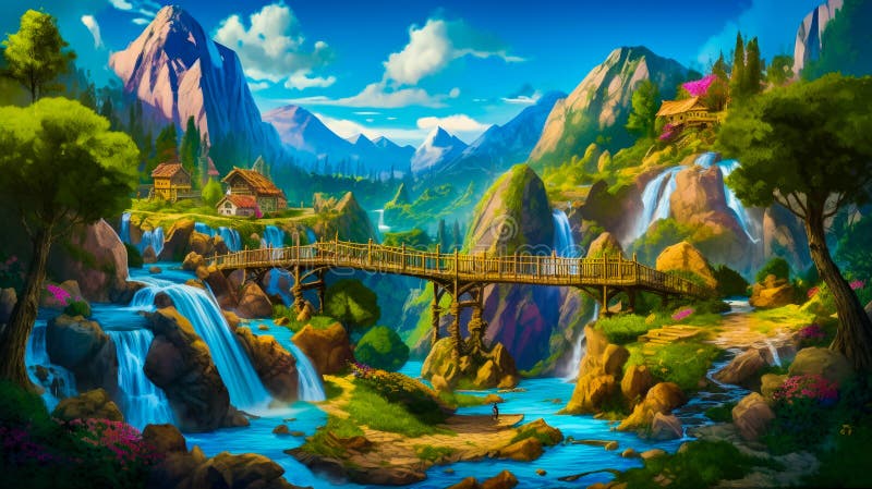 An Animated Landscape with Bridge and Waterfall. Generative AI Stock ...
