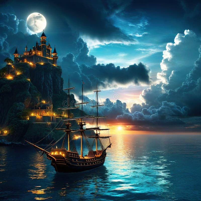 An Animated Landscape of a Pirate Ship in the Ocean Generated by Stock ...