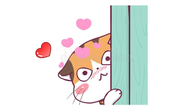 Animated Little Cat Hiding Behind a Lamp Post - White Background Stock ...