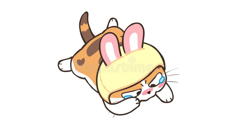 Animated Little Cat Wearing a Bunny Hat Crying Lying Down - White ...