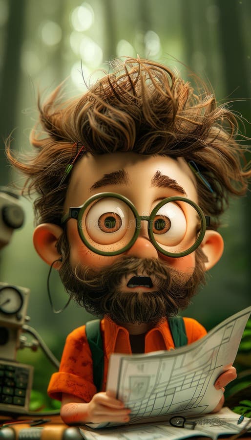 Animated Man with Glasses in Wild Forest, Nerdy Character Studying a ...