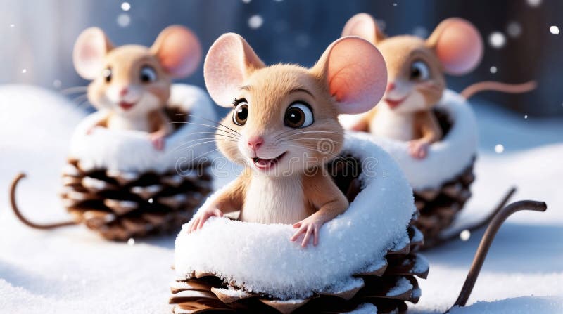 Animated Mice Ride on a Pine Cone Sled through Fluffy Snow. Stock ...