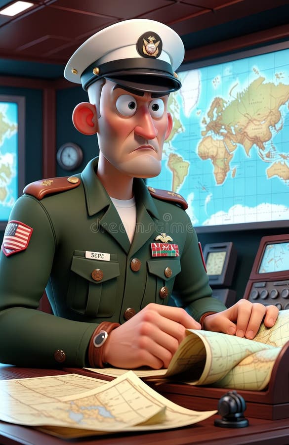Animated Military Officer at Command Desk with Maps and Equipment Stock ...