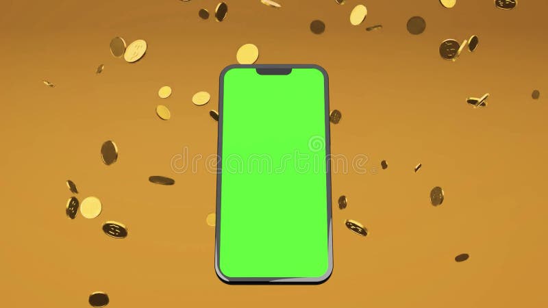 Animated Mobile Phone Rotating Up and Raining Gold Coins, Mobile Green ...