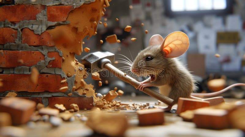 Animated Mouse Breaking Brick Wall with Hammer in Workshop Stock Image ...
