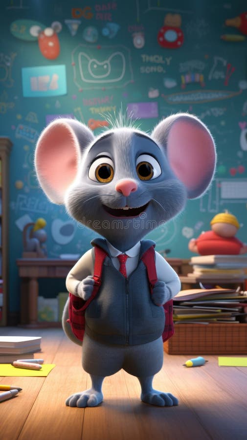 Animated Mouse Student Standing in Classroom with Blue Chalkboard ...